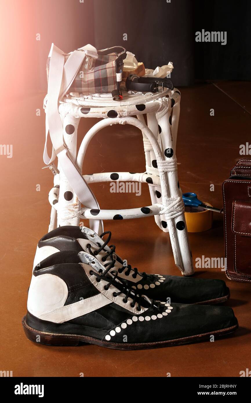 Mime shoes prepared for the show. The show must go on Stock Photo - Alamy