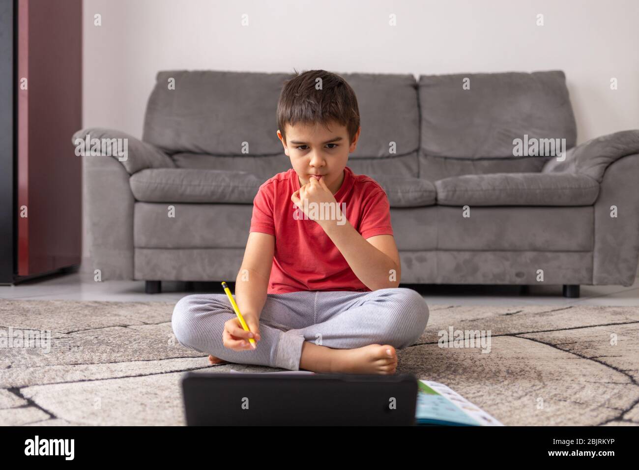 online remote learning. child studying from home. preschool kids with ...