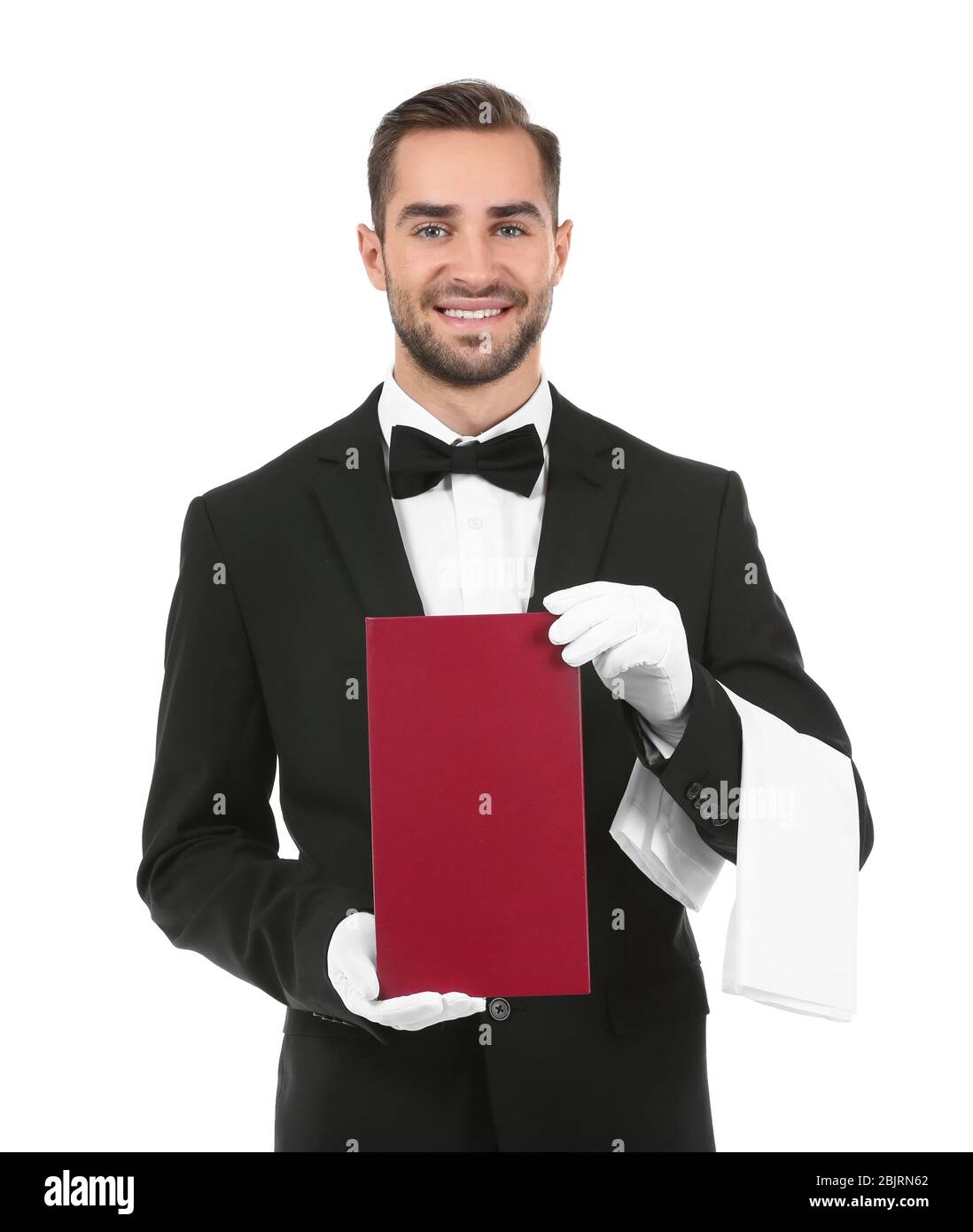Handsome waiter with menu on white background Stock Photo - Alamy