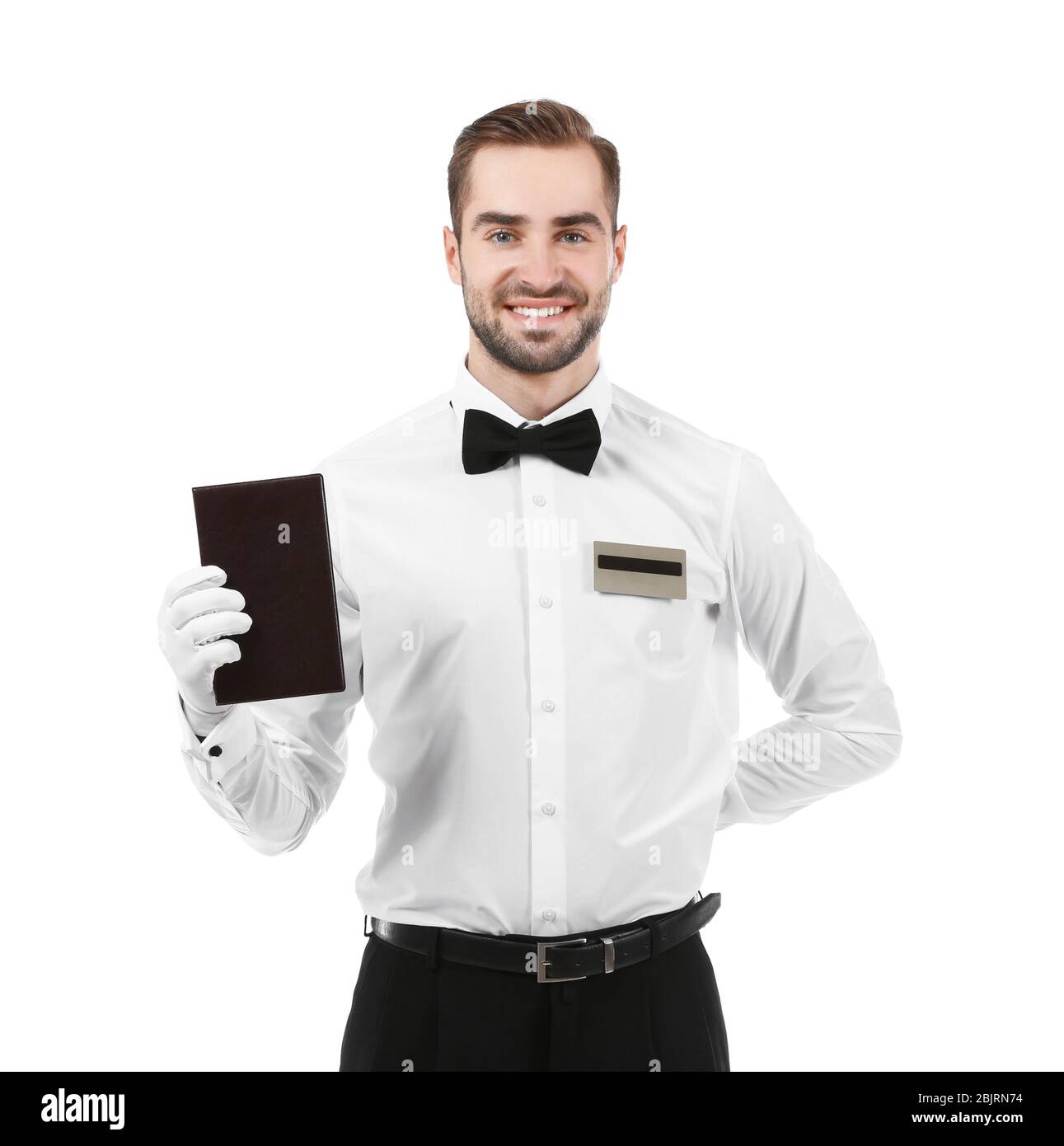 Handsome waiter with menu on white background Stock Photo - Alamy