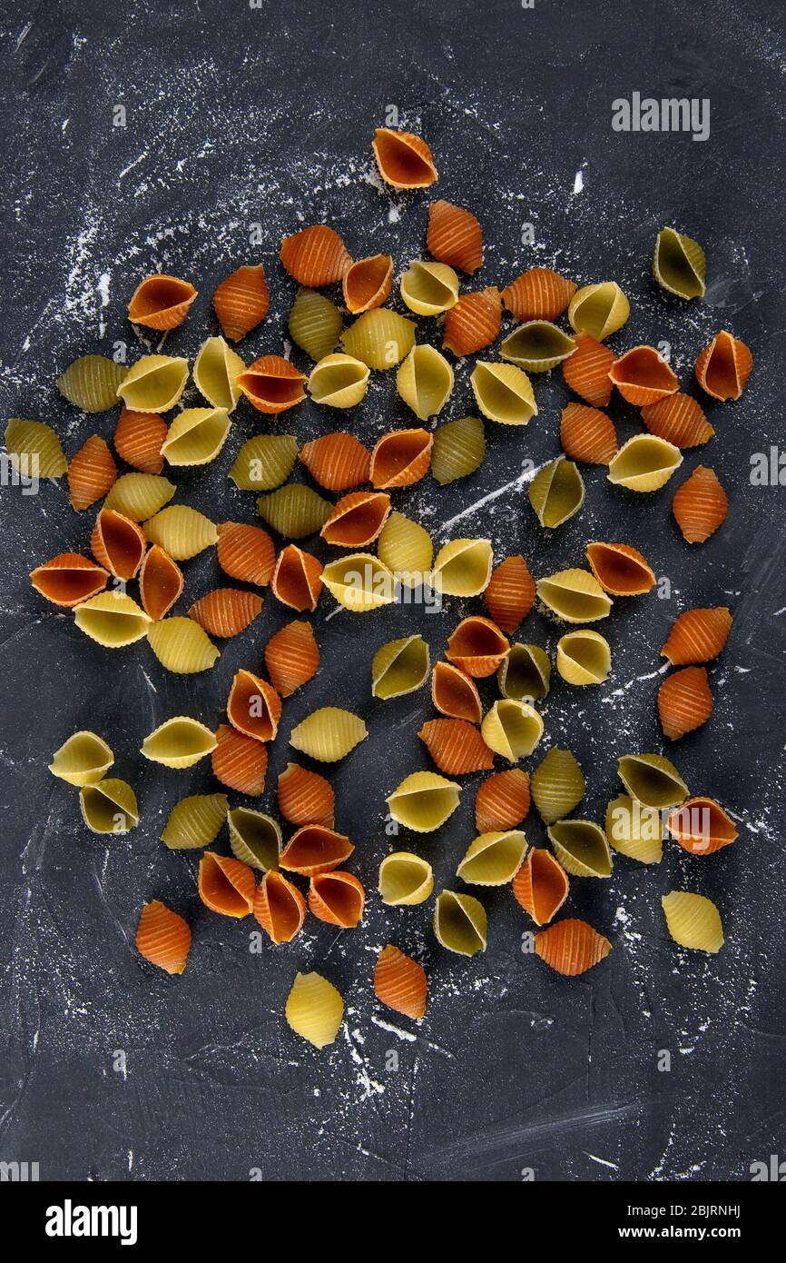 Pasta Conchiglie Rigate, mix of colorful uncooked shells. Textured ...