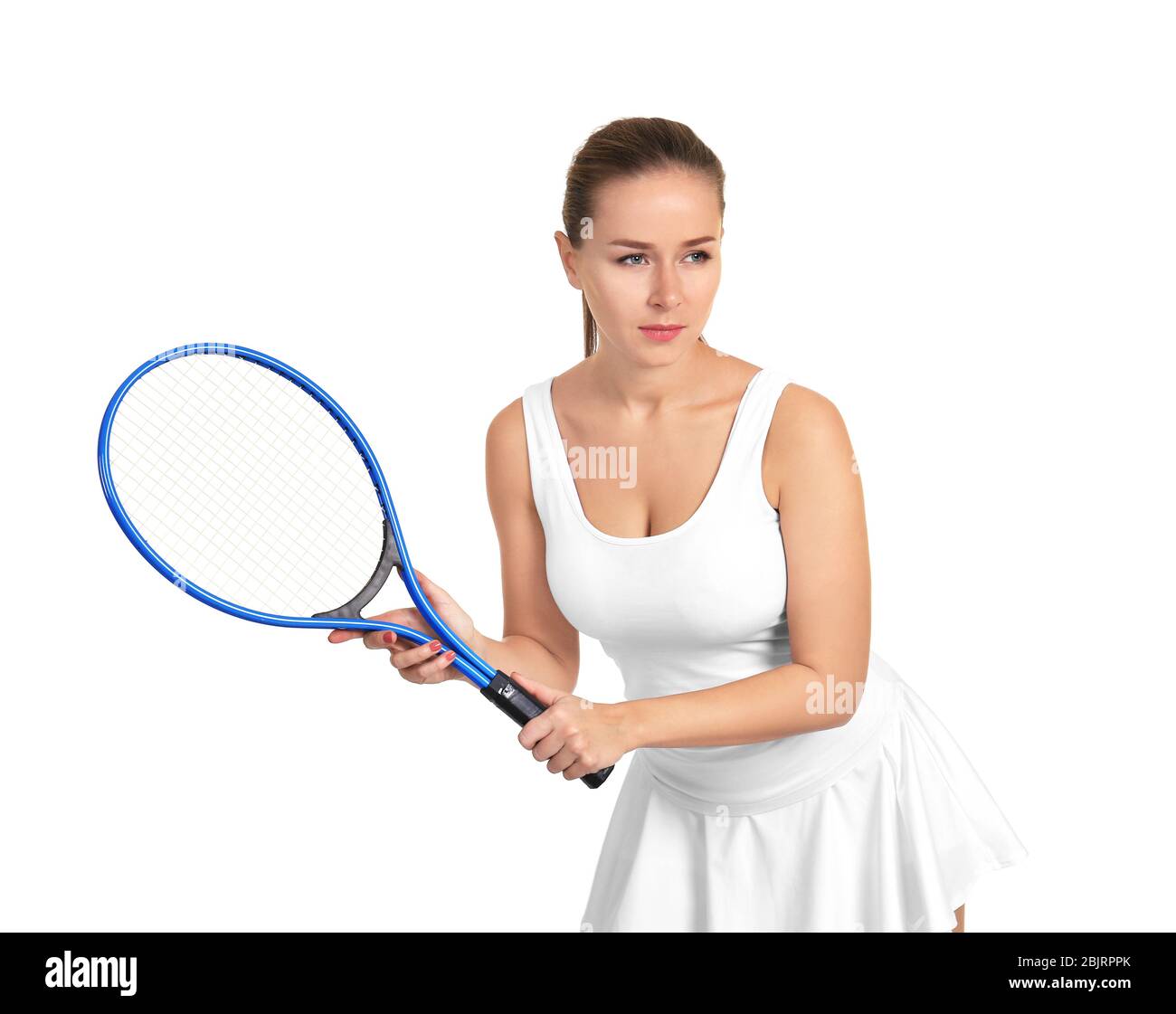 Young woman with tennis racket on white background Stock Photo - Alamy