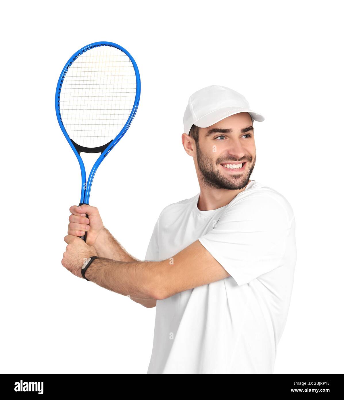 Handsome man with tennis racket on white background Stock Photo - Alamy