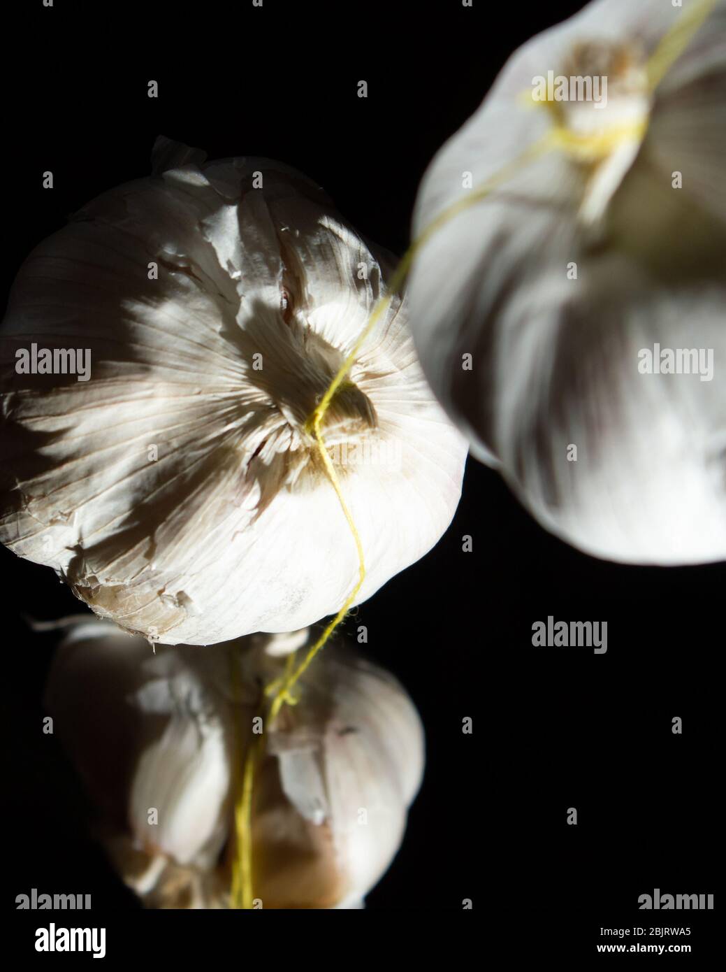 Three heads of garlic hang on a thread. copy space. on a black ...