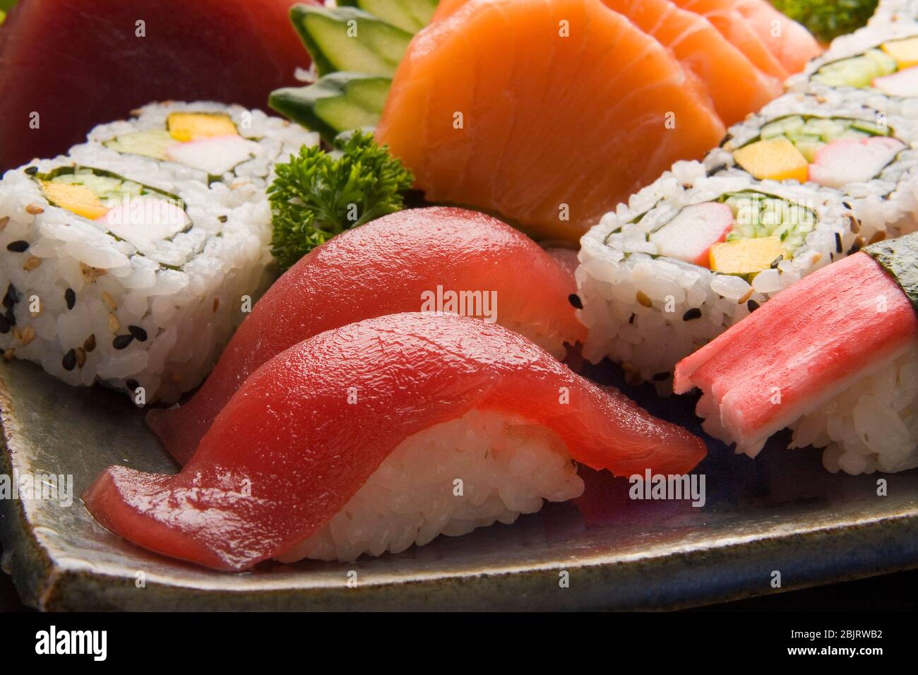 typical Japanese food in decorated and colorful dishes, Sushi and ...