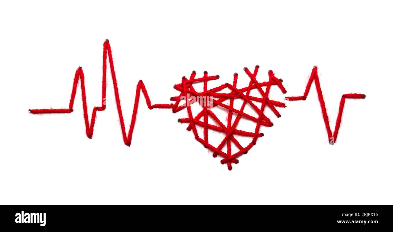 heart with pulse made from red thread Valentine's Day love on a white ...