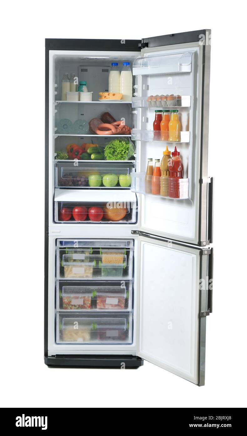 Open refrigerator full of food on white background Stock Photo - Alamy