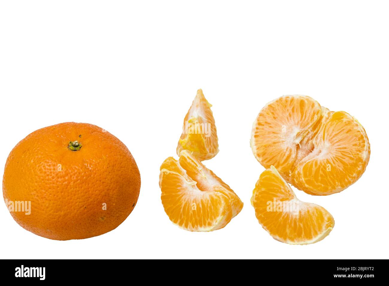 Close up macro view of whole and peeled mandarin on white background ...