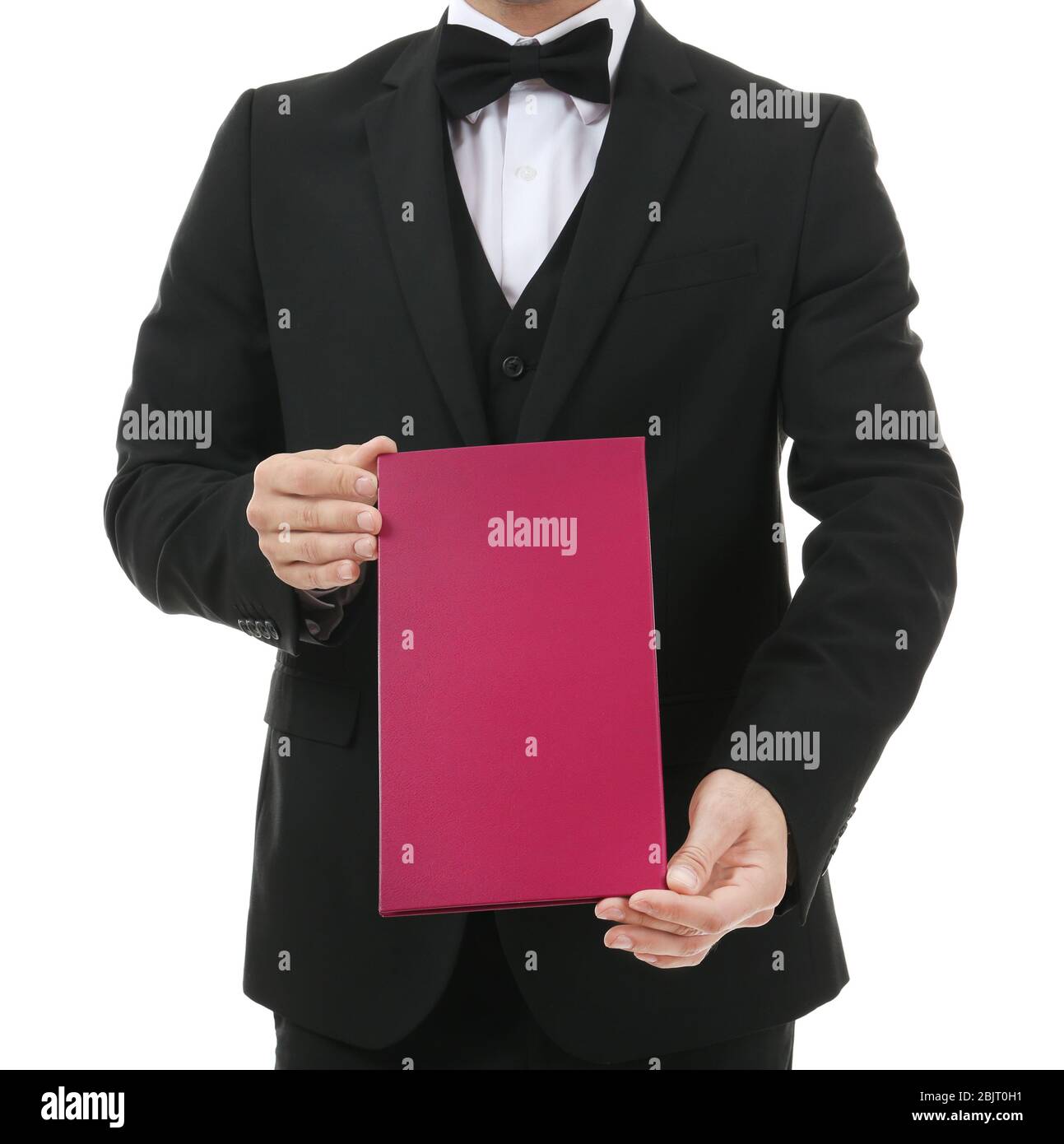 Waiter holding menu on white background Stock Photo - Alamy