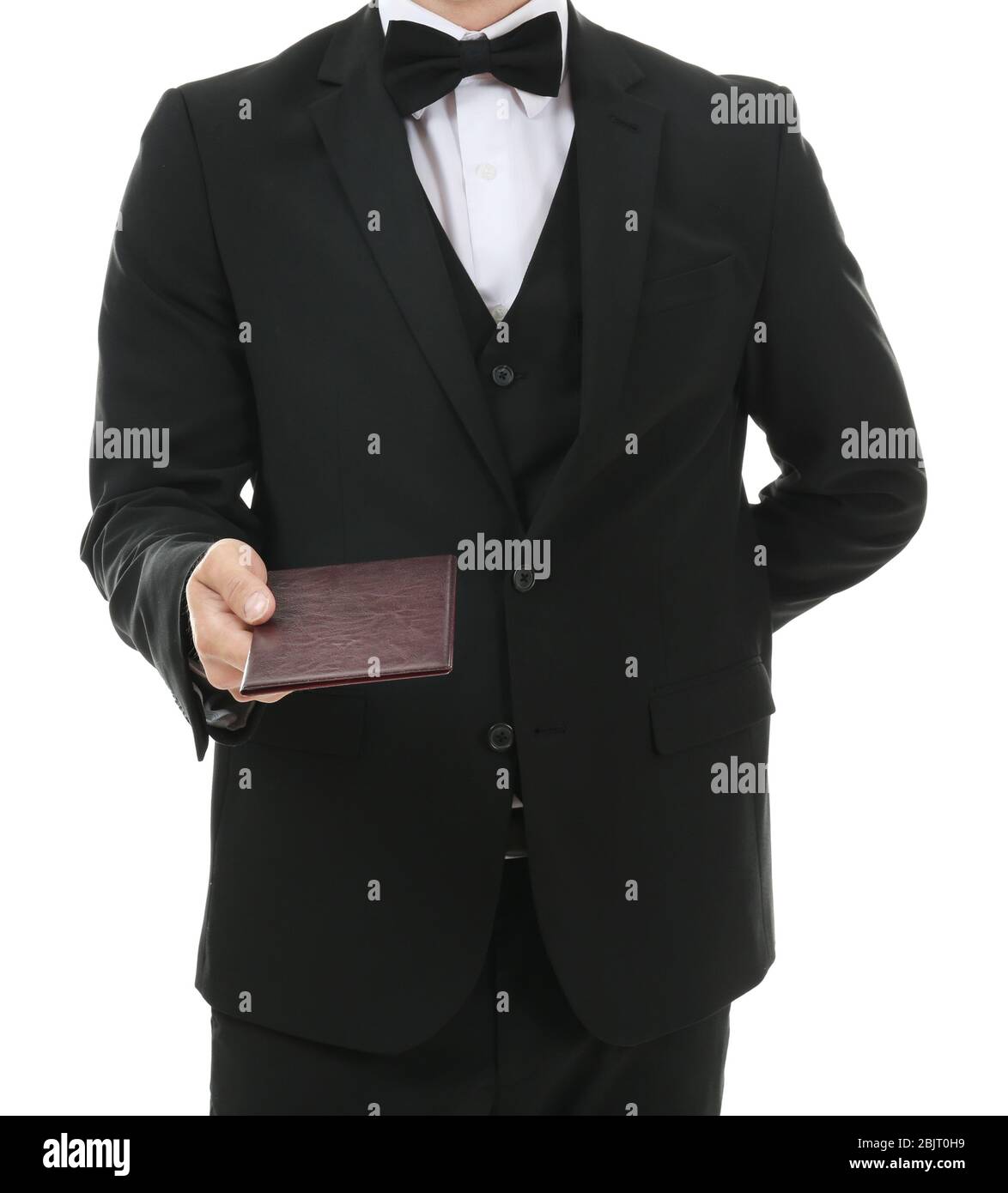 Waiter handing check on white background Stock Photo - Alamy