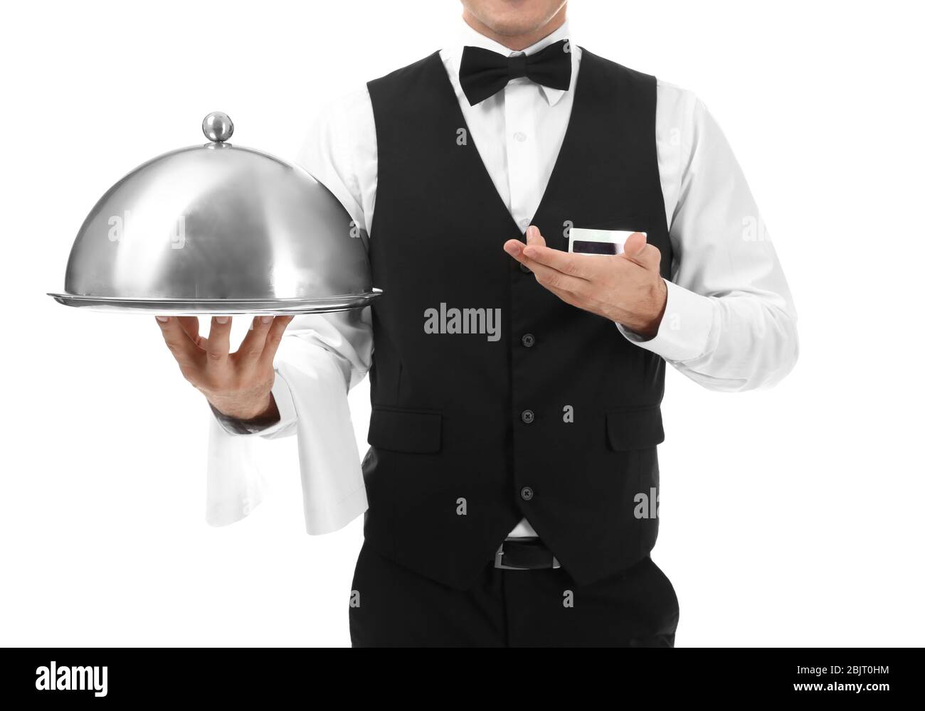 Waiter with metal tray and cloche on white background Stock Photo - Alamy