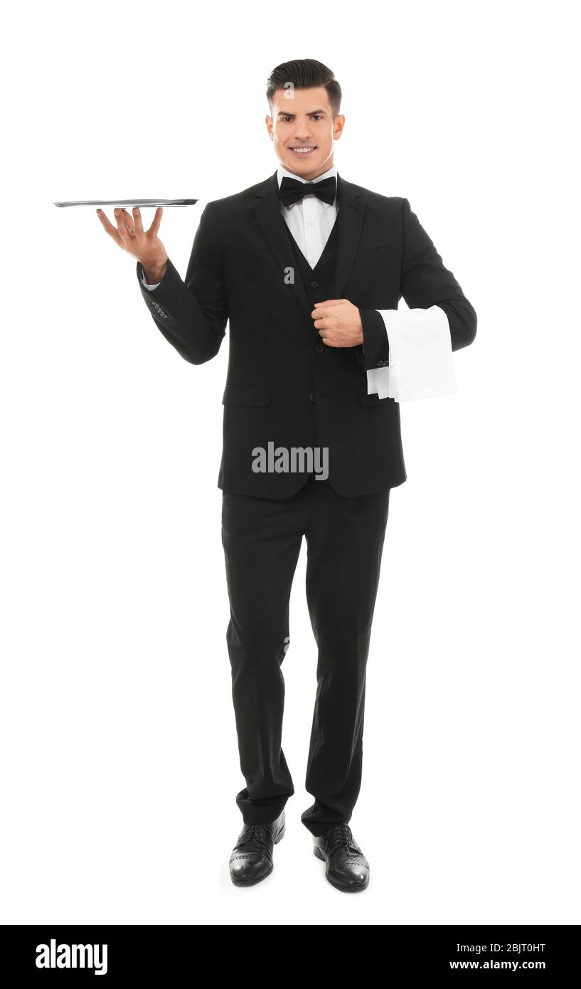 Male waiter with empty tray on white background Stock Photo - Alamy