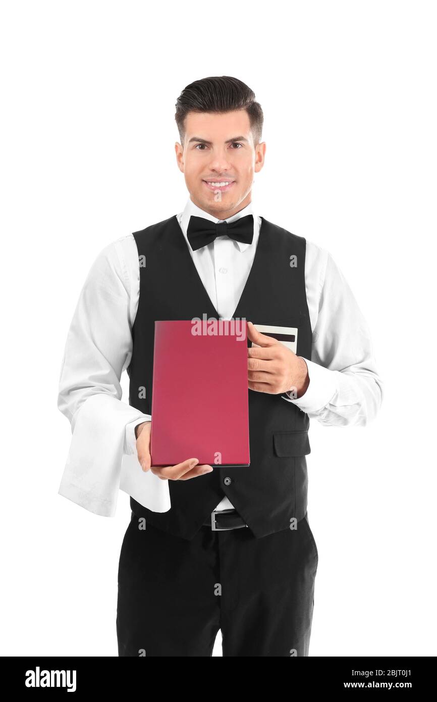 Waiter holding menu on white background Stock Photo - Alamy