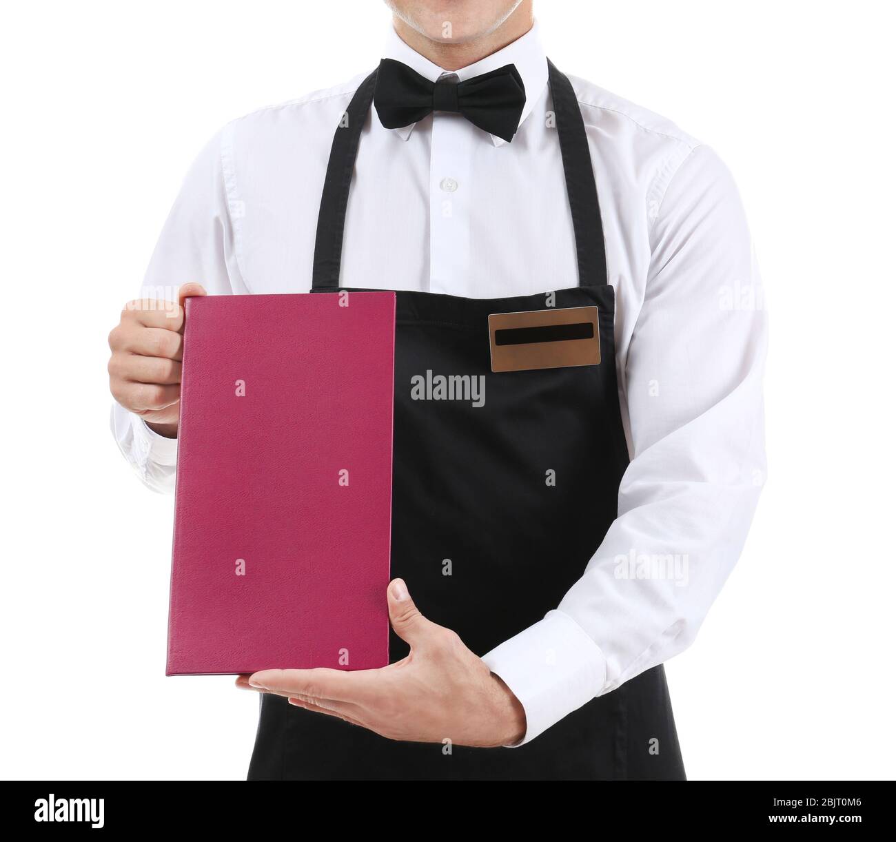 Waiter holding menu on white background Stock Photo - Alamy