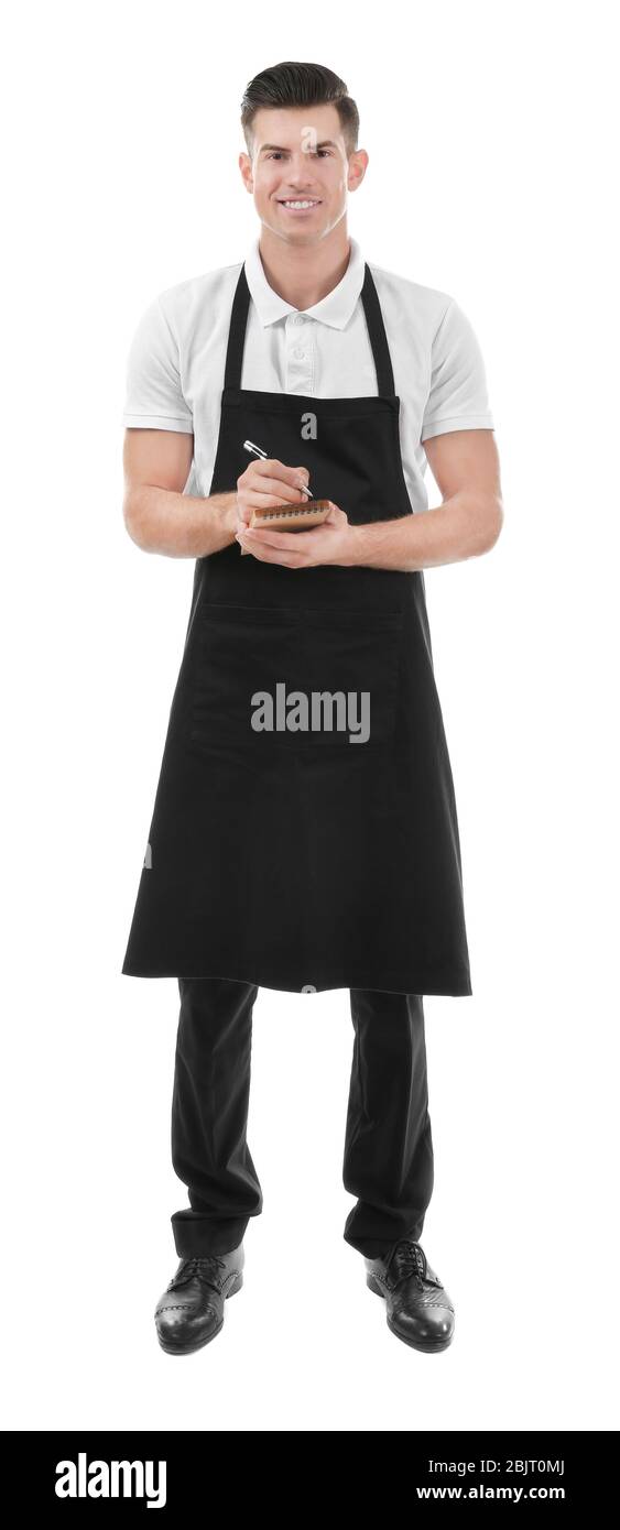 Waiter writing order on white background Stock Photo - Alamy