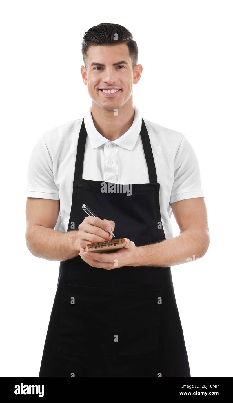 Waiter writing order on white background Stock Photo - Alamy
