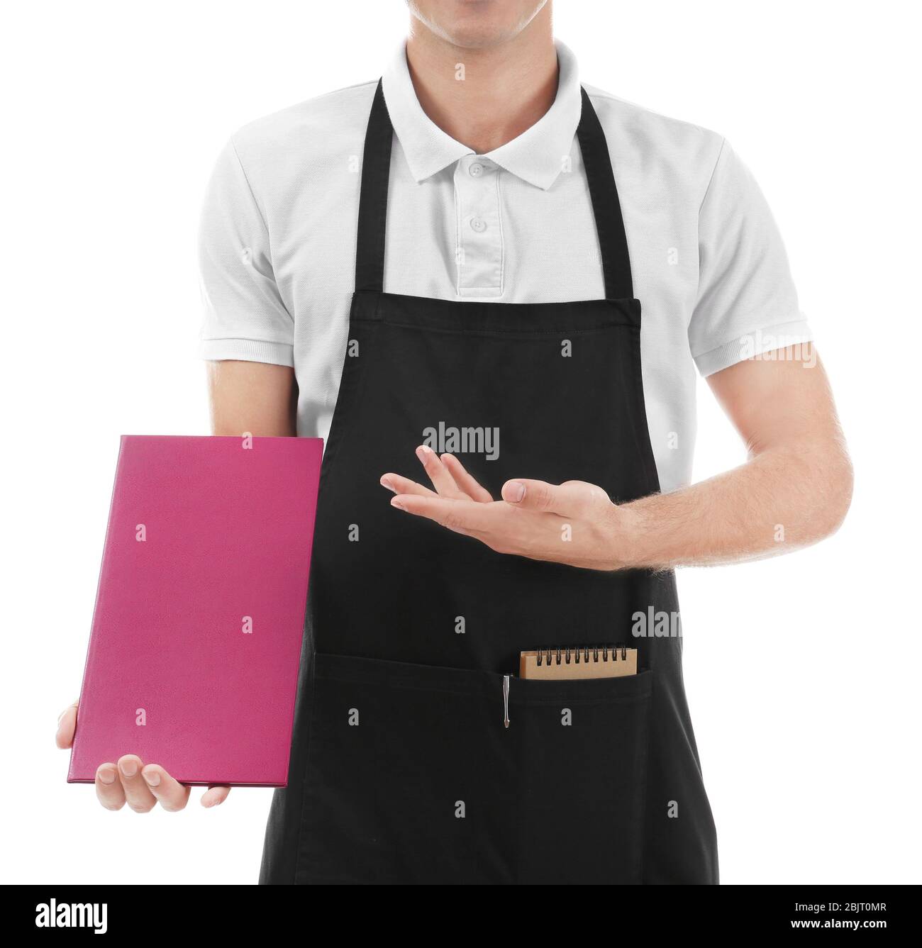 Waiter holding menu on white background Stock Photo - Alamy