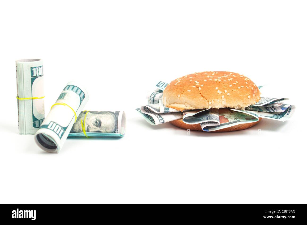 burger with hundred dollar bills instead of toppings and rolls of ...