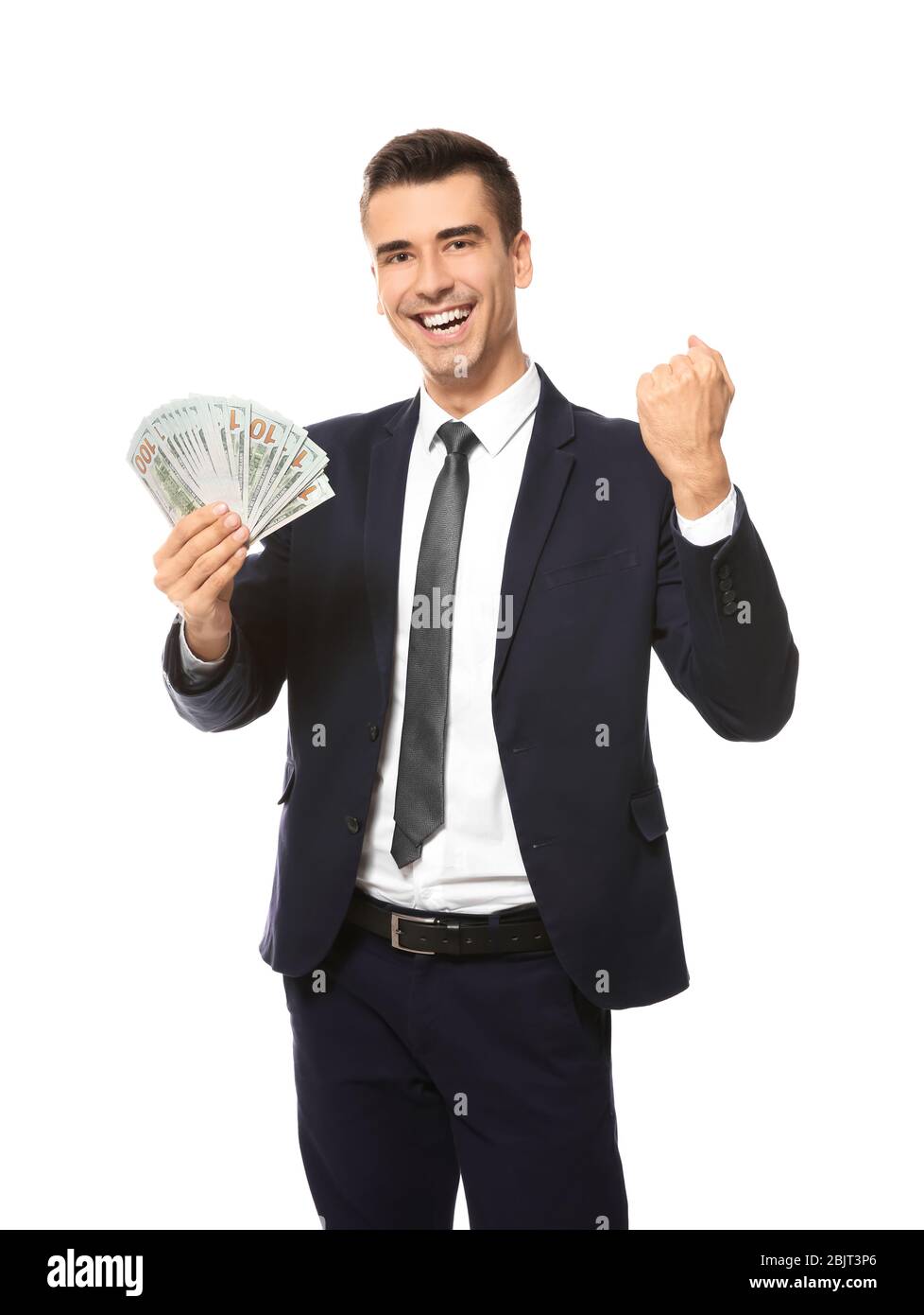 Happy man with money on white background Stock Photo - Alamy