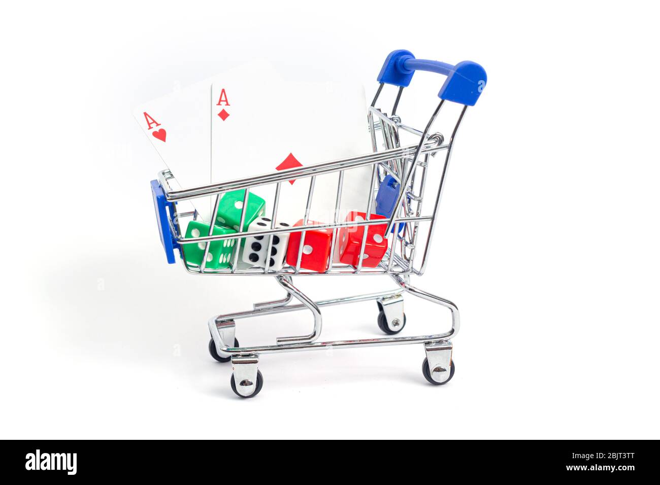 shopping cart with playing cards two red aces diamond, heart and dice ...
