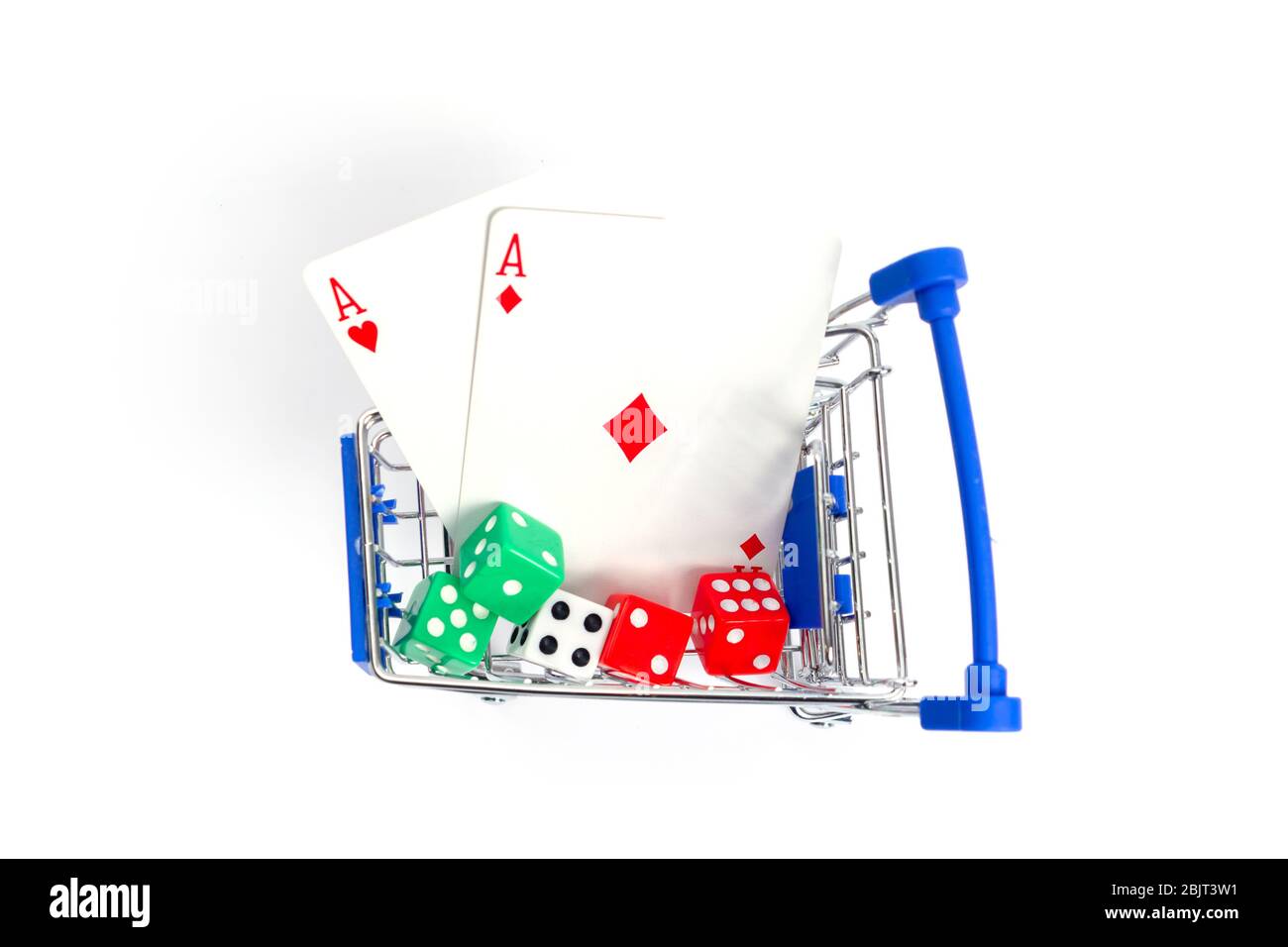 shopping cart with playing cards two red aces diamond, heart and dice ...