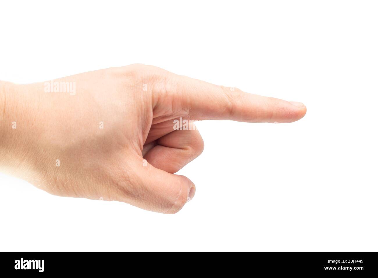 male hand points to the side with index finger on a white background ...