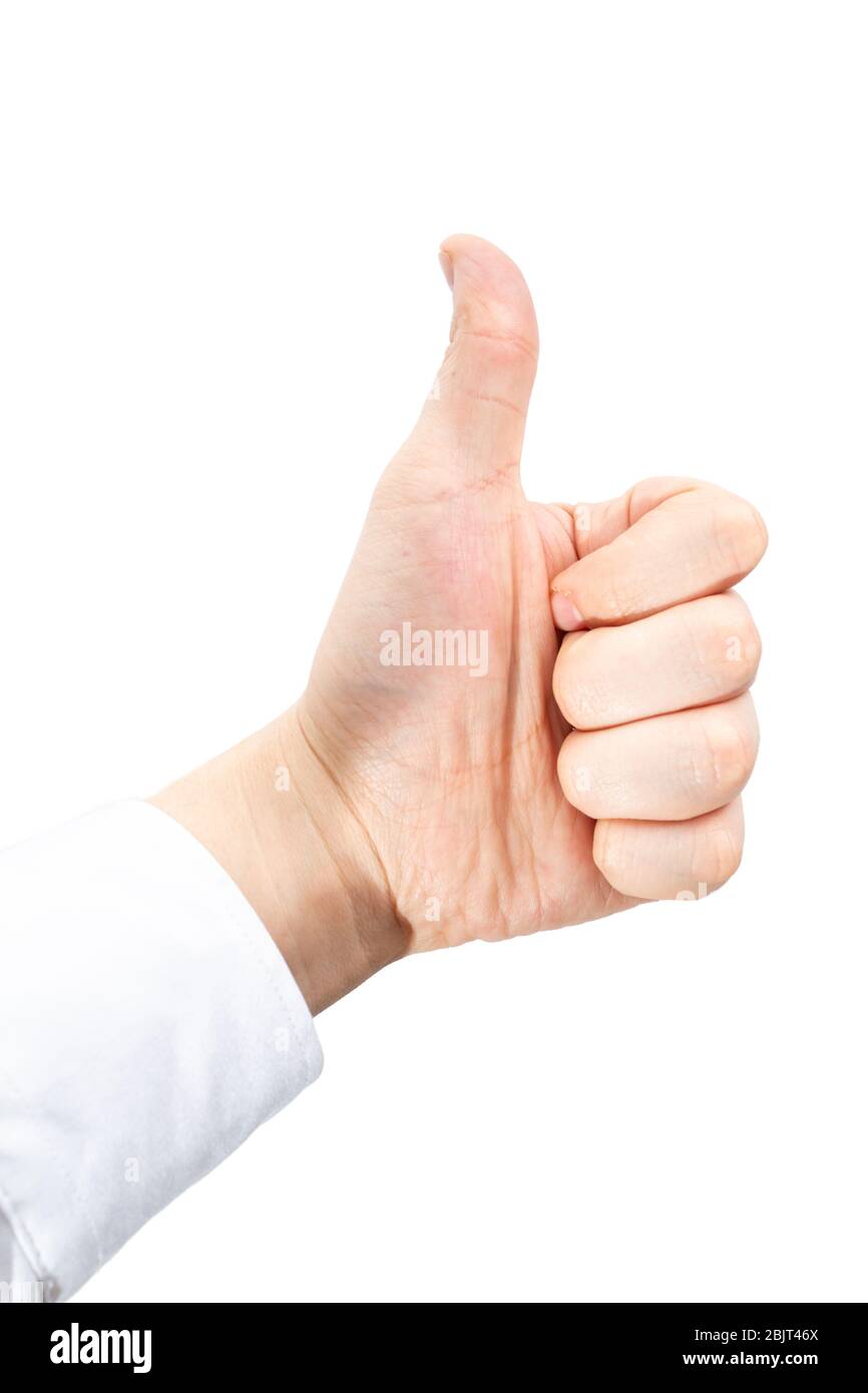 male hand shows thumb like in white shirt on a white background isolate ...