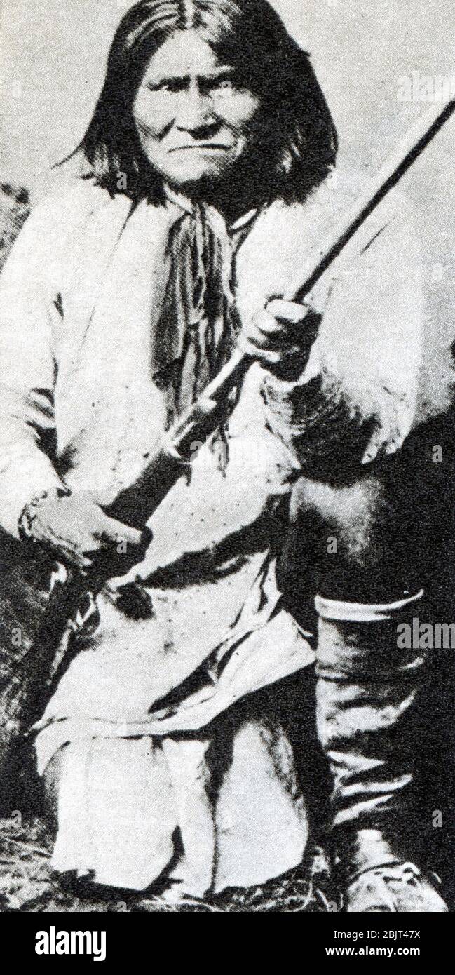 Geronimo, Native American leader of the Chiricahua Apache with rifle ...