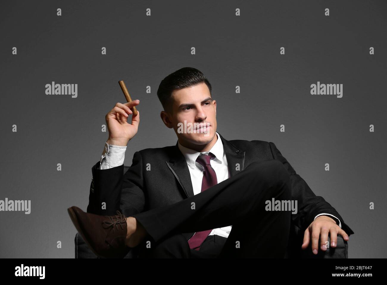 Man in elegant suit with cigar on grey background Stock Photo - Alamy