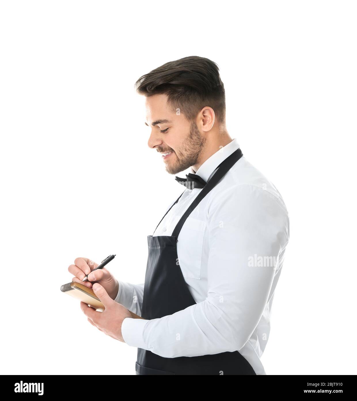 Waiter writing down order on white background Stock Photo - Alamy