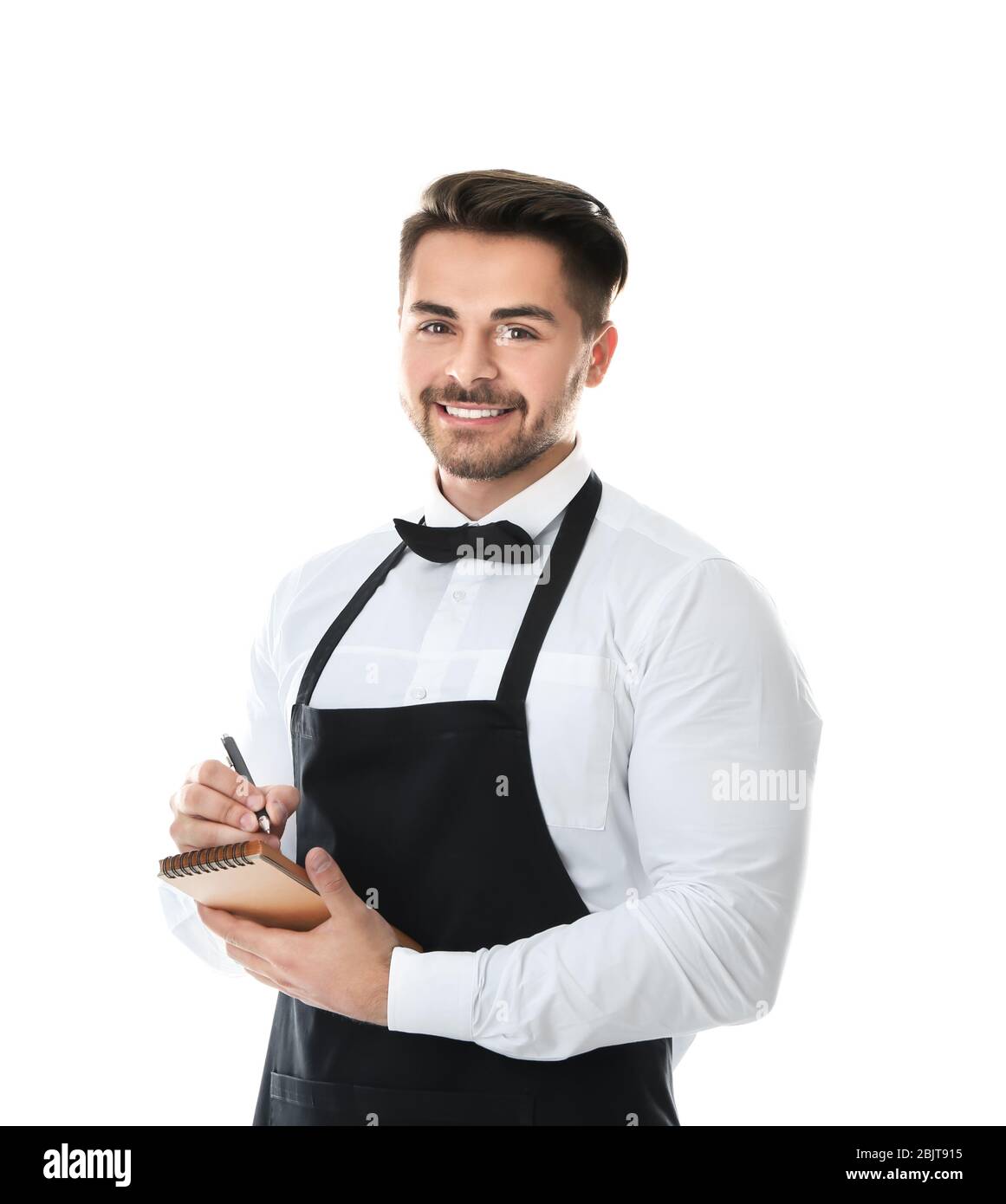 Waiter writing down order on white background Stock Photo - Alamy