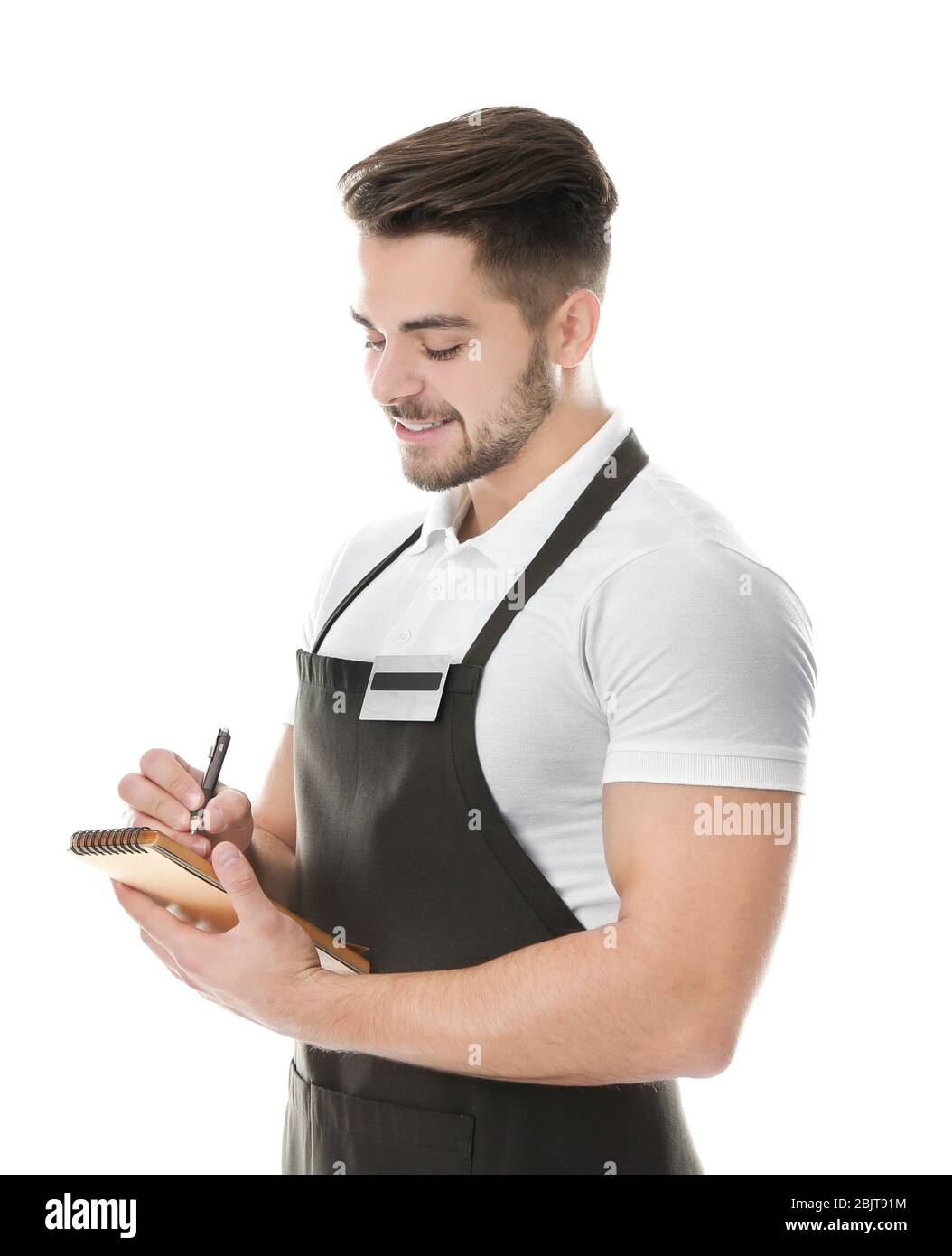 Waiter writing down order on white background Stock Photo - Alamy