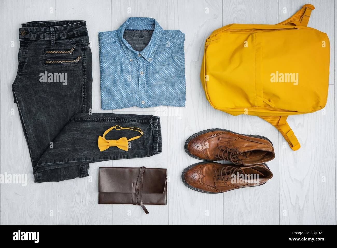 Set of hipster clothes and accessories on light background, top view ...