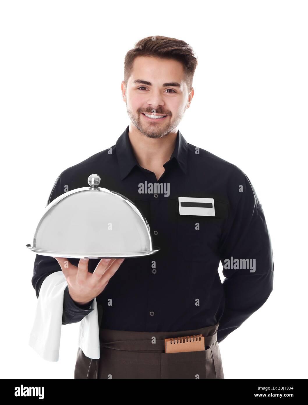 Waiter with metal tray and cloche on white background Stock Photo - Alamy