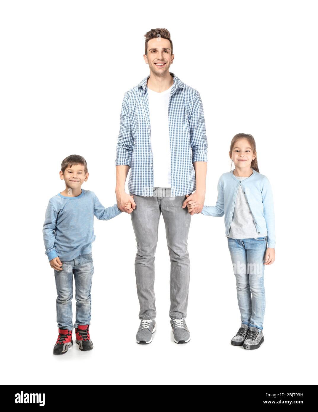 Young father with his little children on white background Stock Photo ...
