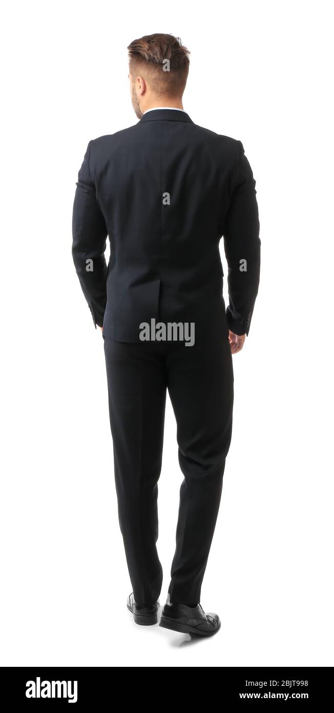 Handsome man in formal suit on white background, back view Stock Photo ...