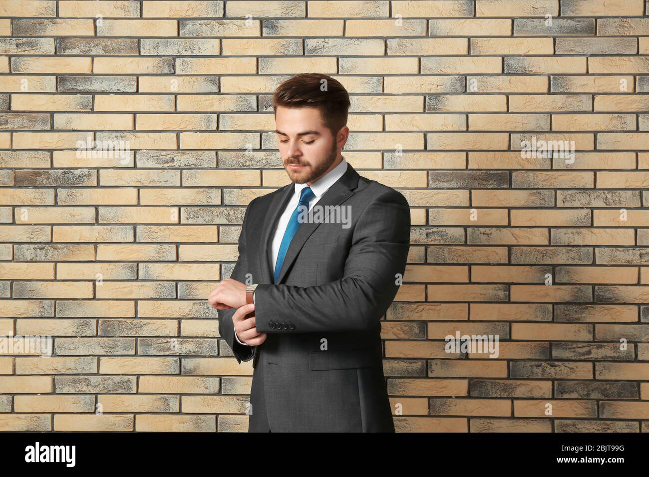 Handsome man in formal suit against brick wall Stock Photo - Alamy