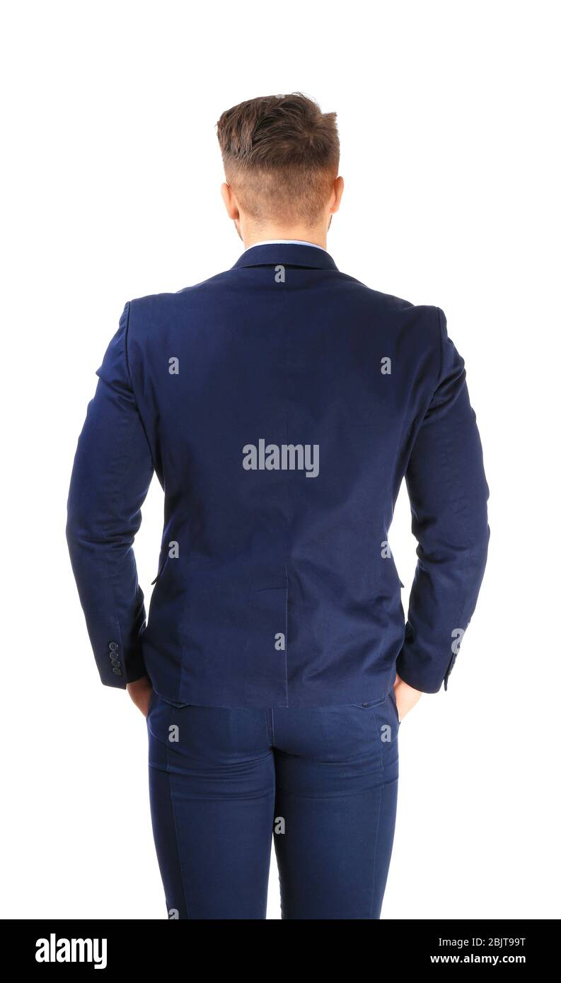 Handsome man in formal suit on white background, back view Stock Photo ...