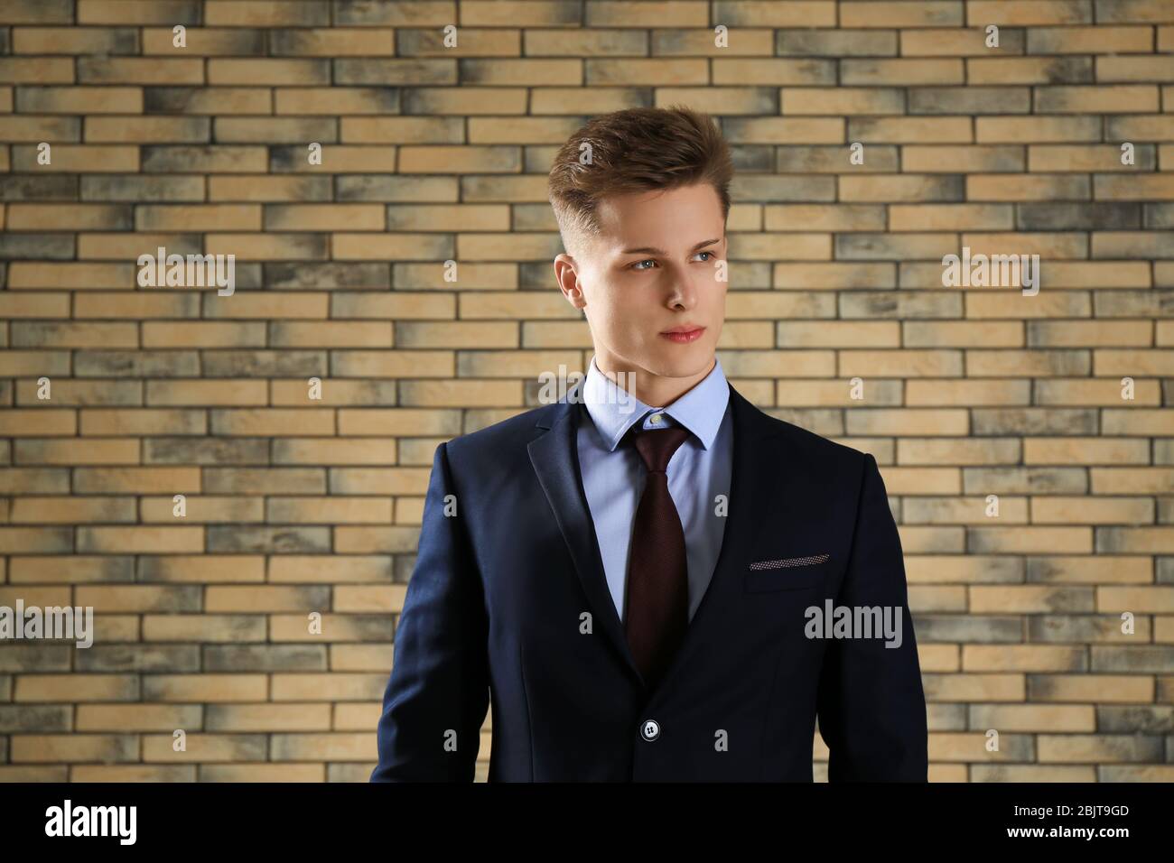 Handsome man in formal suit against brick wall Stock Photo - Alamy