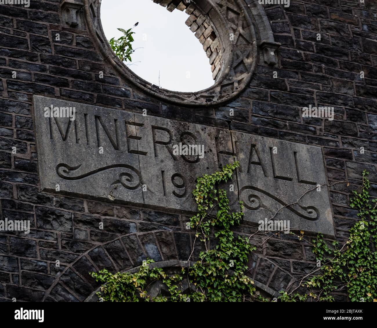 MERTHYR TYDFIL, WALES - 29 APRIL 2020 -The old Miners' Hall engraved ...