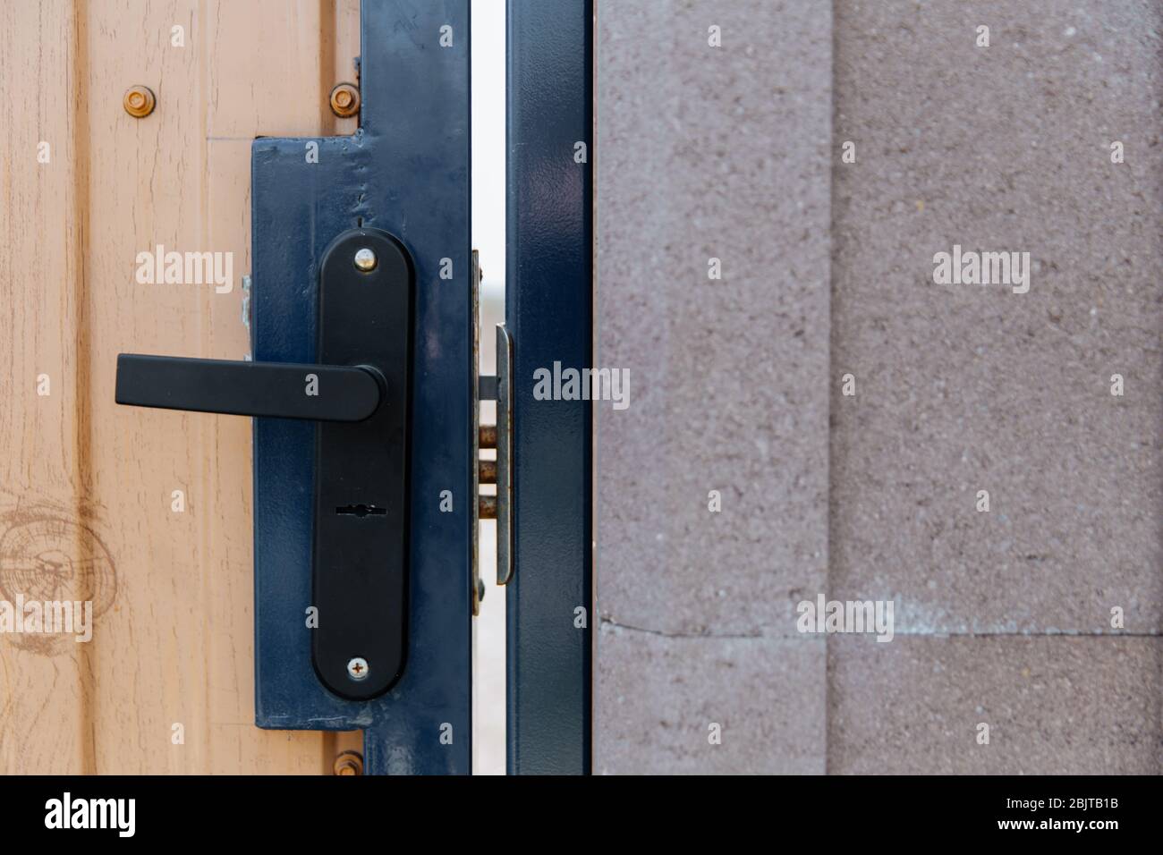 Detail of a closed door with a lock handle.Metal handle and lock on the ...