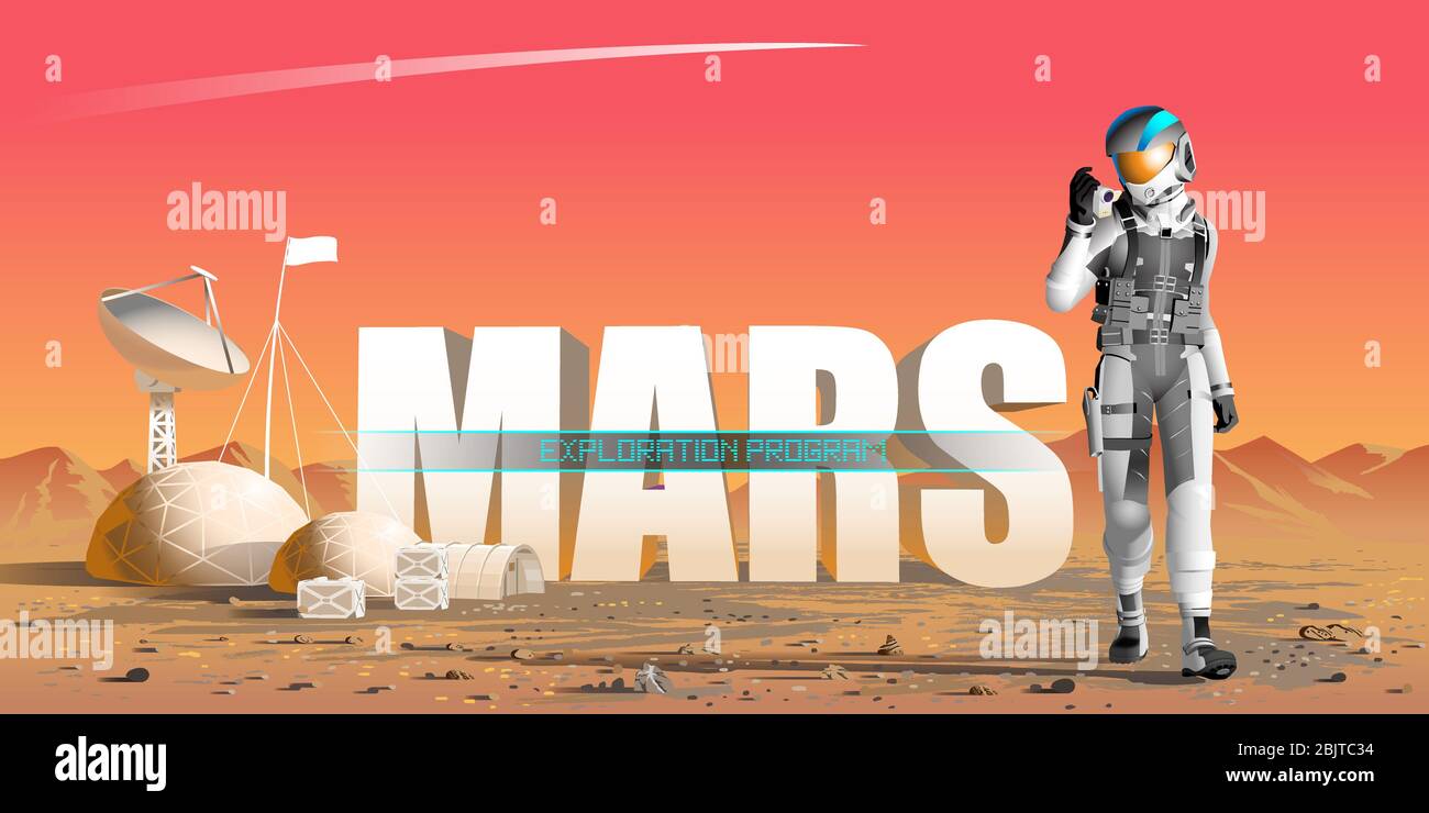 Mars exploration program. An astronaut walks through the Martian desert ...