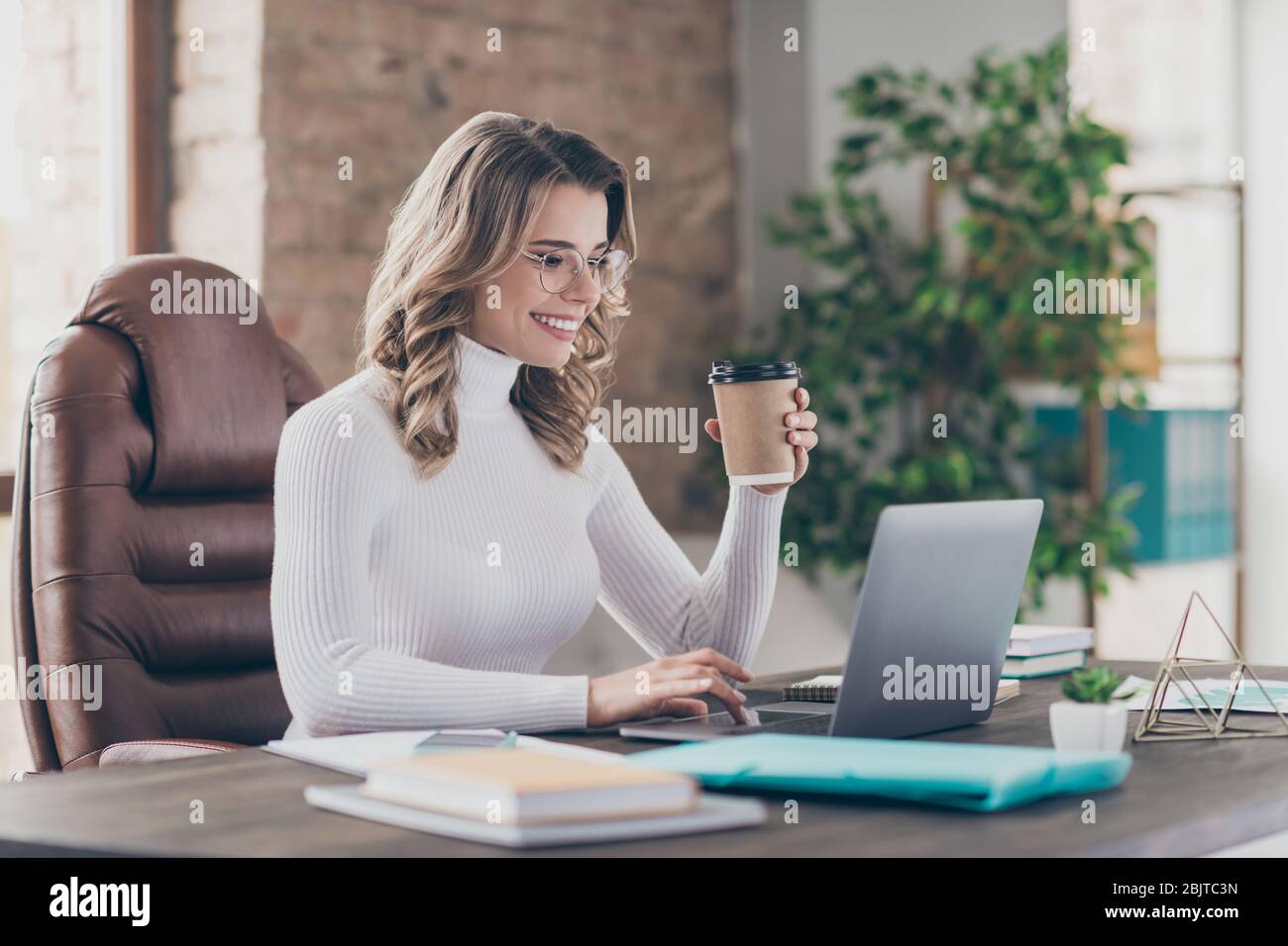 Profile side view portrait of her she nice attractive cheery wavy ...