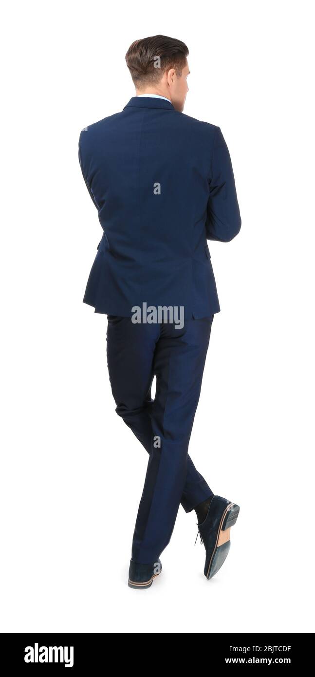 Handsome man in elegant suit on white background, back view Stock Photo ...