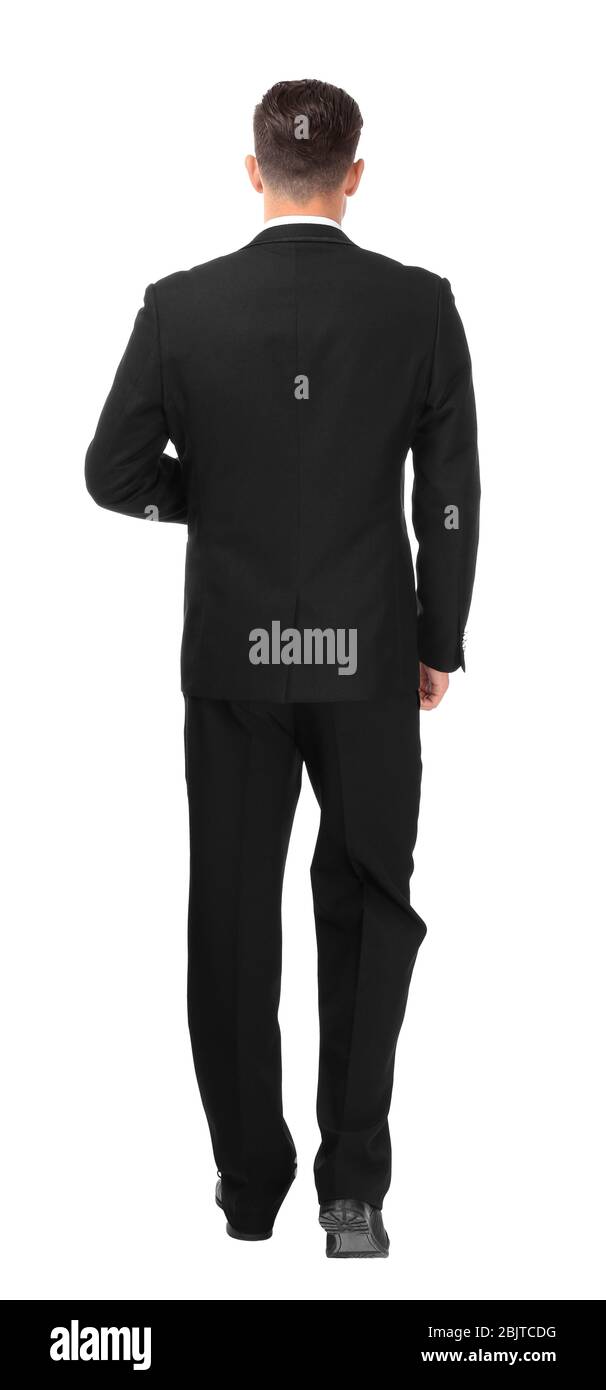 Handsome man in elegant suit on white background, back view Stock Photo ...