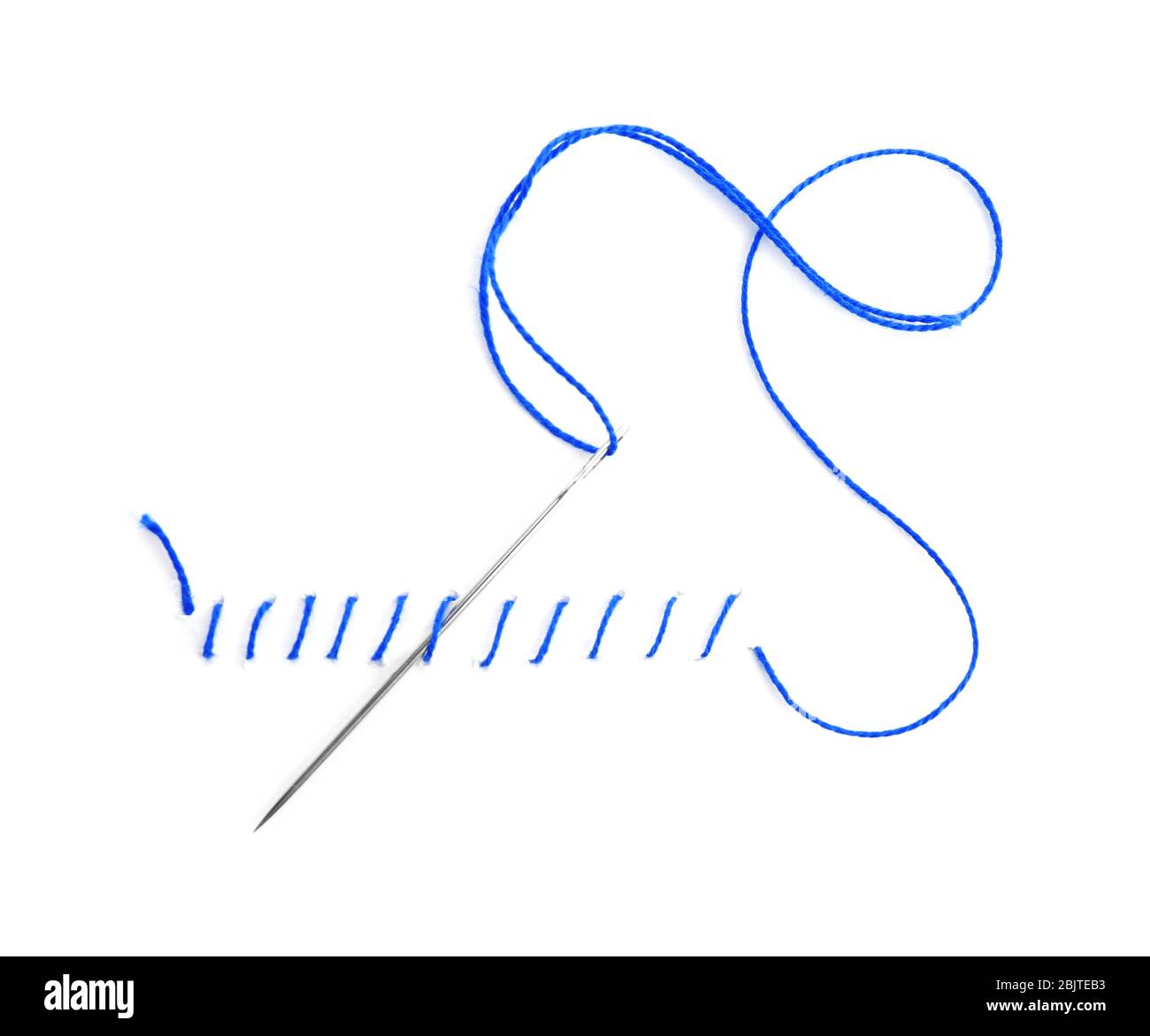 Embroidery stitches made of blue thread and sewing needle on white ...