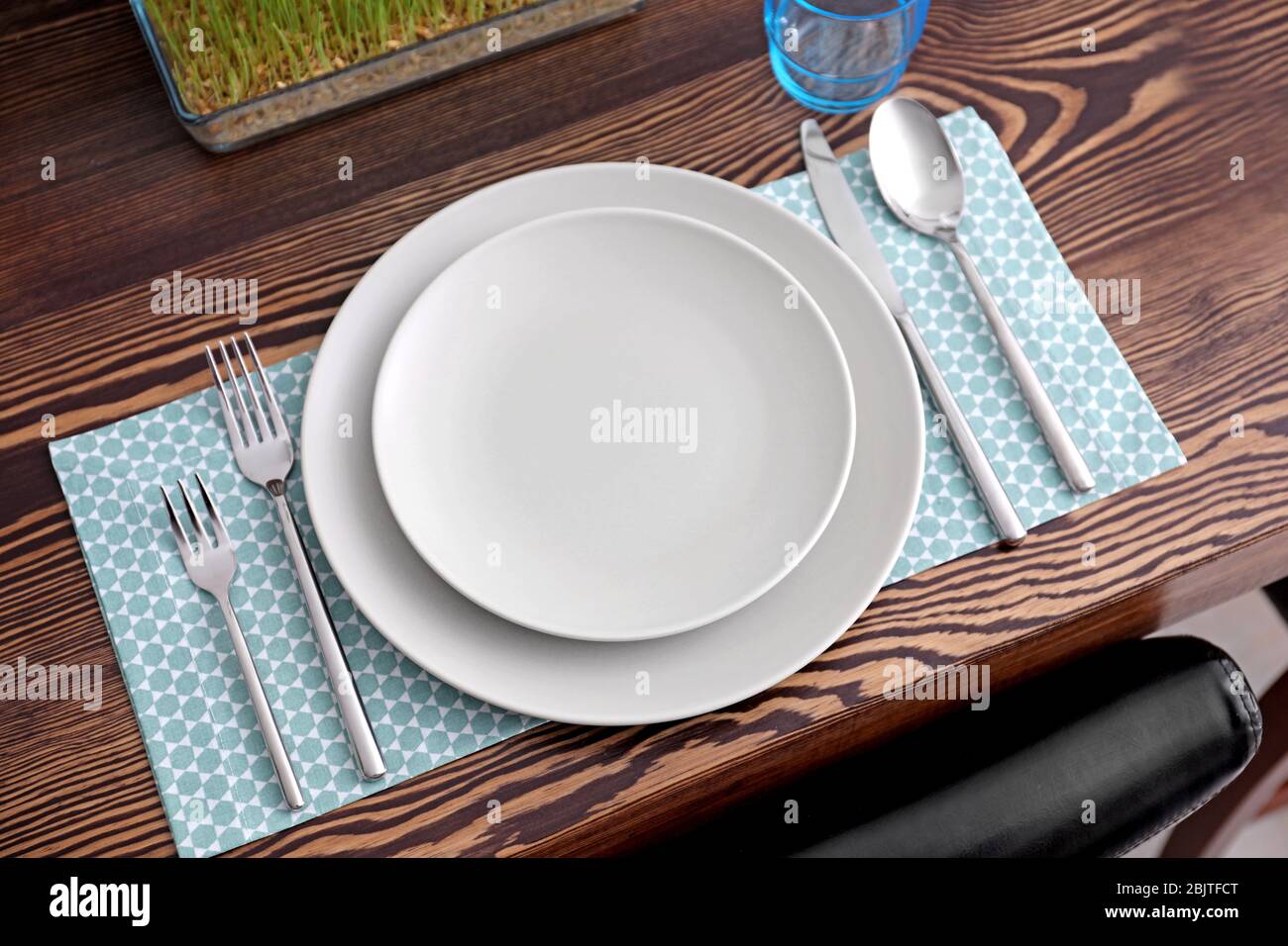 Table setting in vegetarian cafe, top view Stock Photo - Alamy