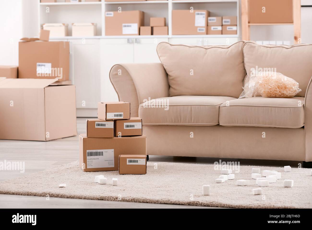 Interior of home office with parcels ready for shipment to client Stock ...