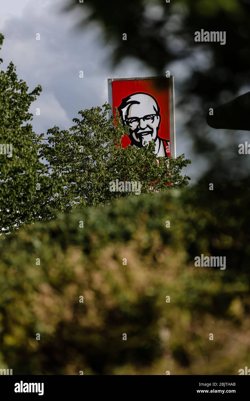MERTHYR TYDFIL, WALES - 29 APRIL 2020 - A closed KFC restaurant sign in ...