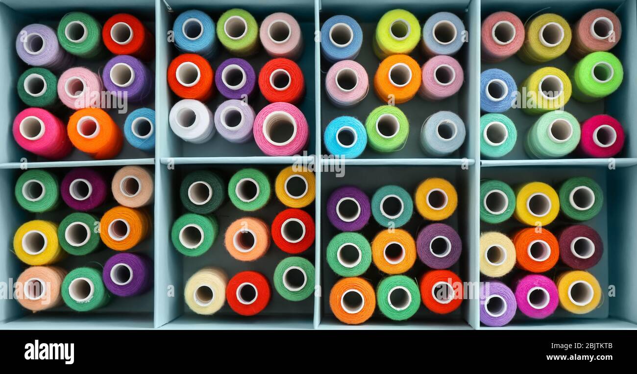 Set of color sewing threads in compartment box, top view Stock Photo ...